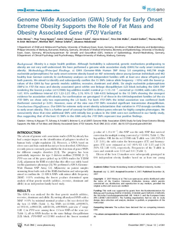 (PDF) Genome Wide Association (GWA) Study for Early Onset Extreme ...