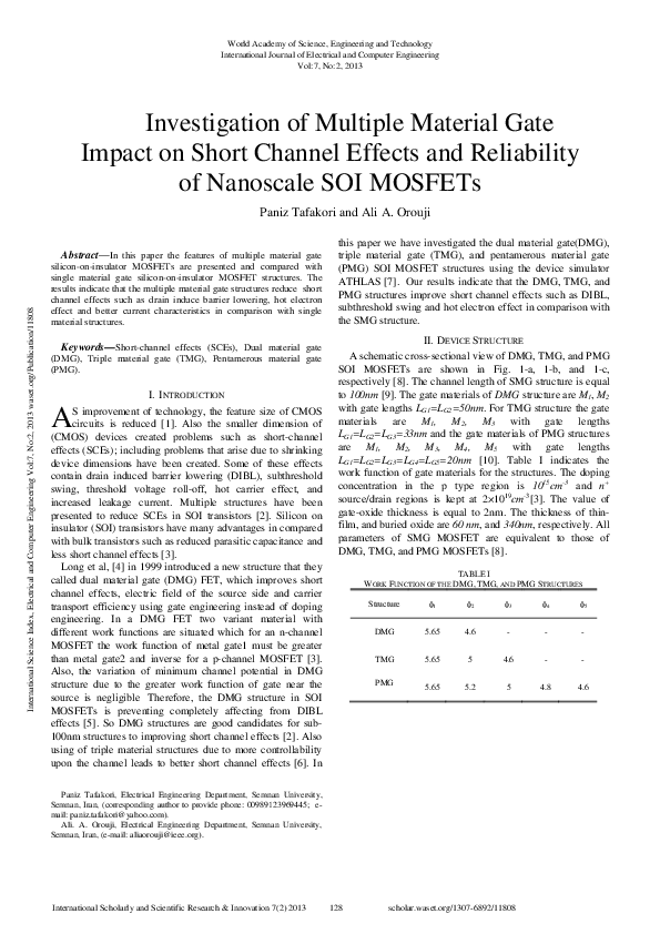 (PDF) Investigation Of Multiple Material Gate Impact On Short Channel Effects And Reliability Of ...