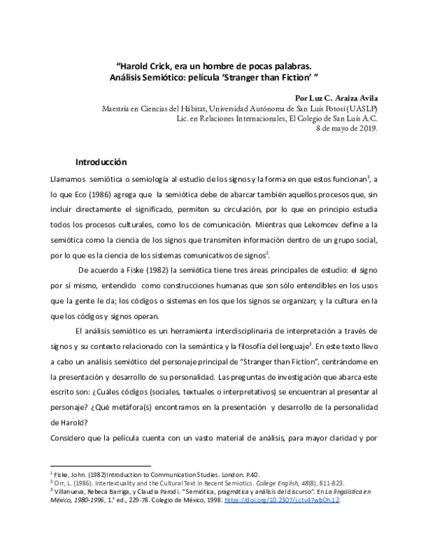 (PDF) "Harold Crick, era un hombre de pocas palabras. Análisis ...