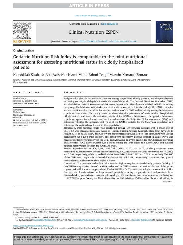 (PDF) Geriatric Nutrition Risk Index is comparable to the mini ...