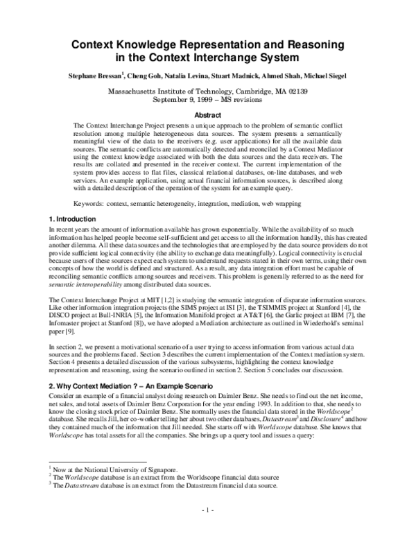 (PDF) Context Knowledge Representation and Reasoning in the Context Interchange System