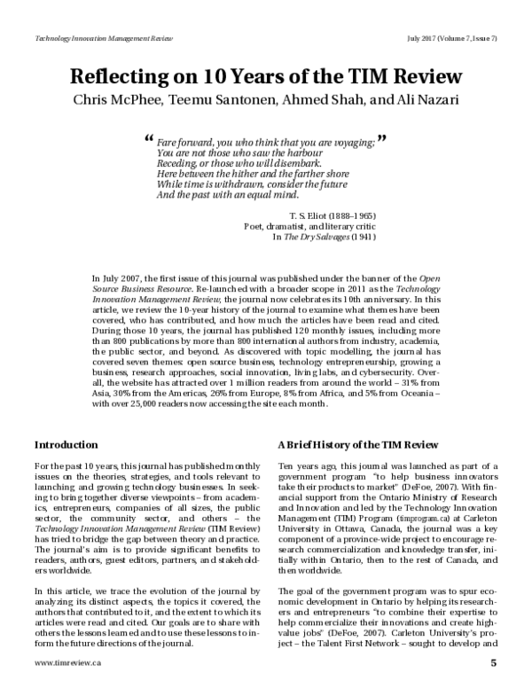 (PDF) Reflecting on 10 Years of the TIM Review