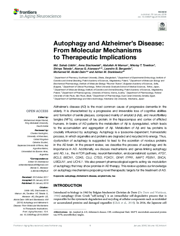 (PDF) Autophagy and Alzheimer's Disease: From Molecular Mechanisms to Therapeutic Implications