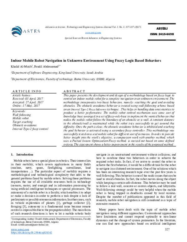 Pdf Indoor Mobile Robot Navigation In Unknown Environment Using Fuzzy Logic Based Behaviors