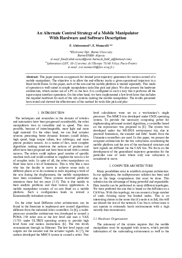 Pdf An Alternate Control Strategy Of A Mobile Manipulator With Hardware And Software Description