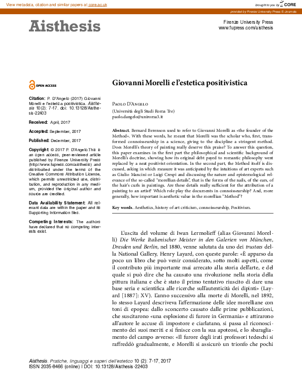 (PDF) Giovanni Morelli e l’estetica positivistica