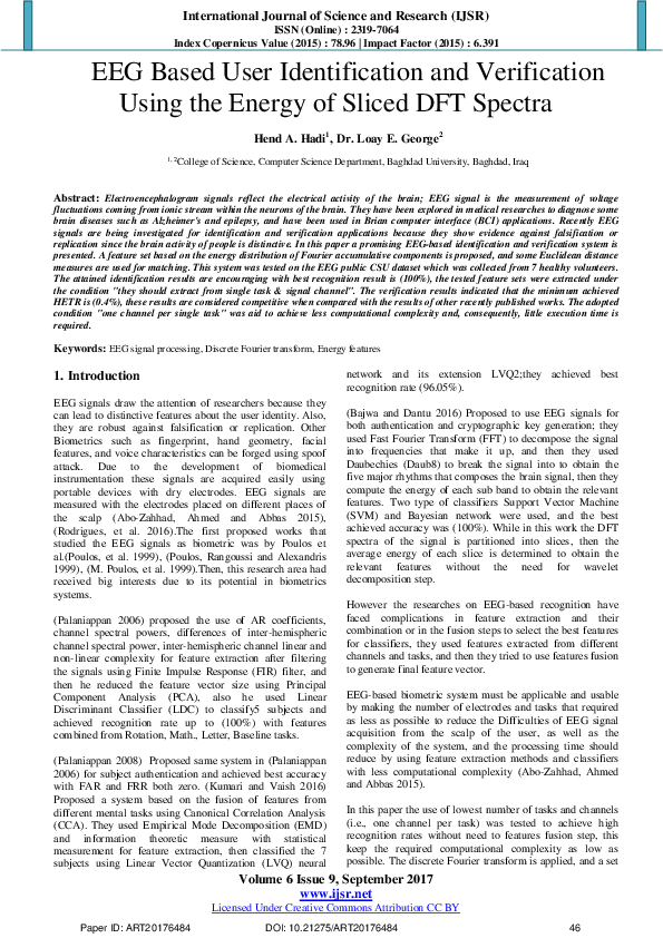 (PDF) EEG Based User Identification and Verification Using the Energy of Sliced DFT Spectra ...