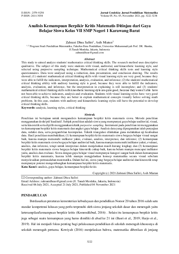(PDF) Analisis Kemampuan Berpikir Kritis Matematis Ditinjau dari Gaya Belajar Siswa Kelas VII ...