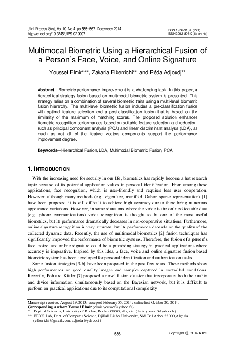 (PDF) Multimodal Biometric Using a Hierarchical Fusion of a Person's Face, Voice, and Online ...