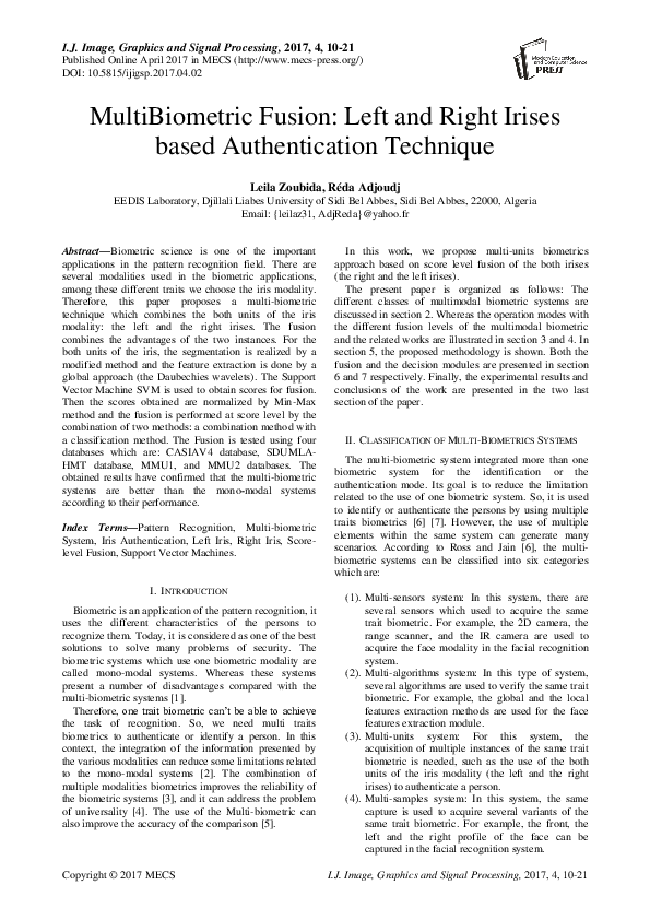 (PDF) MultiBiometric Fusion: Left and Right Irises based Authentication Technique