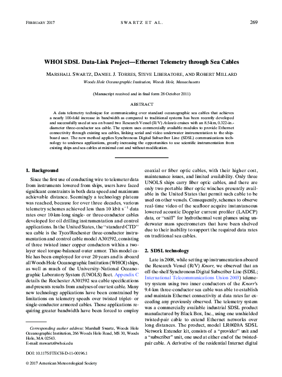 (PDF) WHOI SDSL Data-Link Project – Ethernet Telemetry through Sea Cables