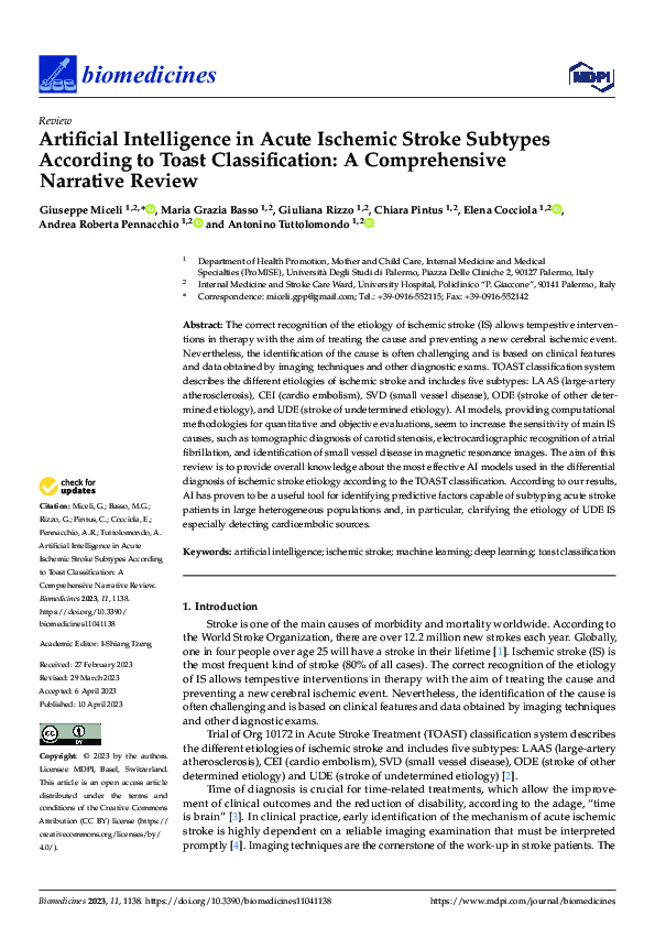 Pdf Artificial Intelligence In Acute Ischemic Stroke Subtypes According To Toast