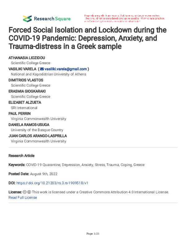 (PDF) Forced Social Isolation and Lockdown during the COVID-19 Pandemic ...
