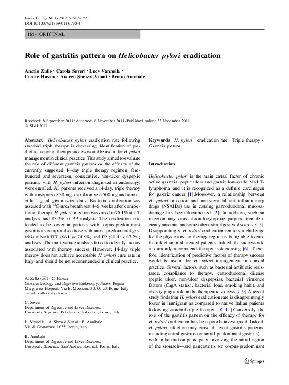 (PDF) Role of gastritis pattern on Helicobacter pylori eradication