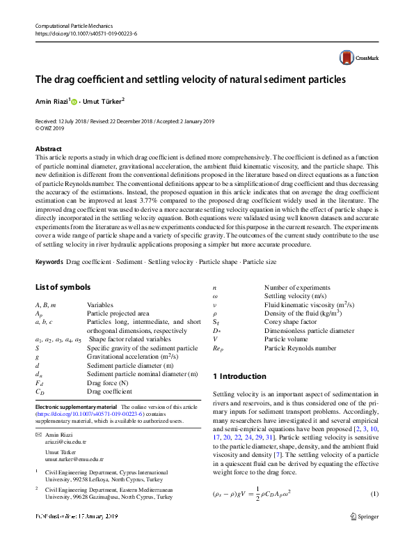 (PDF) The drag coefficient and settling velocity of natural sediment particles