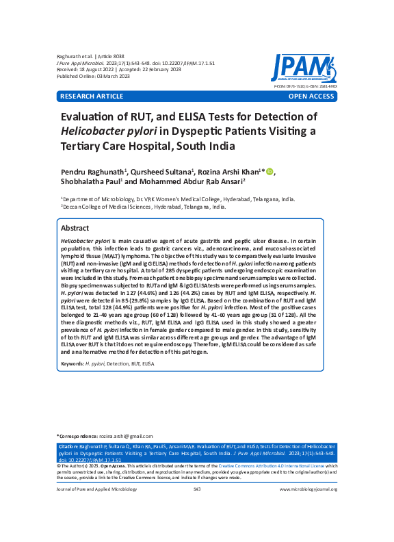 (PDF) Evaluation of RUT, and ELISA Tests for Detection of Helicobacter ...
