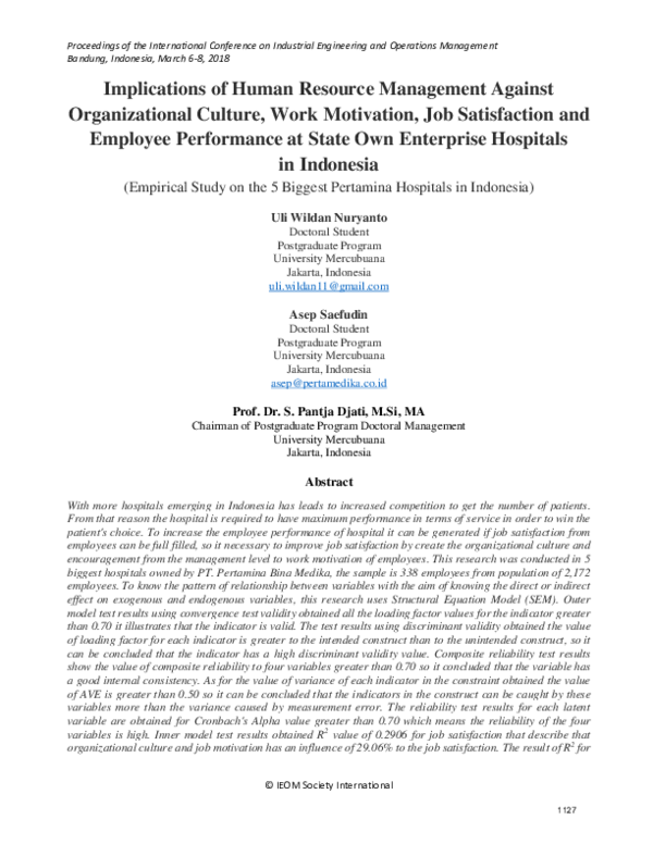 Pdf Implications Of Human Resource Management Against Organizational Culture Work Motivation
