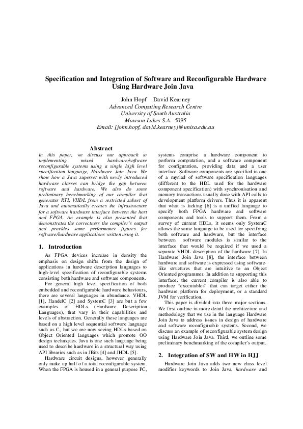 (PDF) Specification and integration of software and reconfigurable hardware using Hardware Join Java