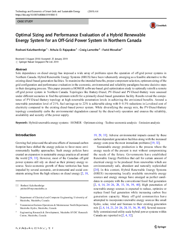 Pdf Optimal Sizing And Performance Evaluation Of A Hybrid Renewable