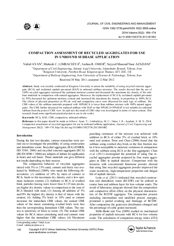Pdf Compaction Assessment Of Recycled Aggregates For Use In Unbound Subbase Application