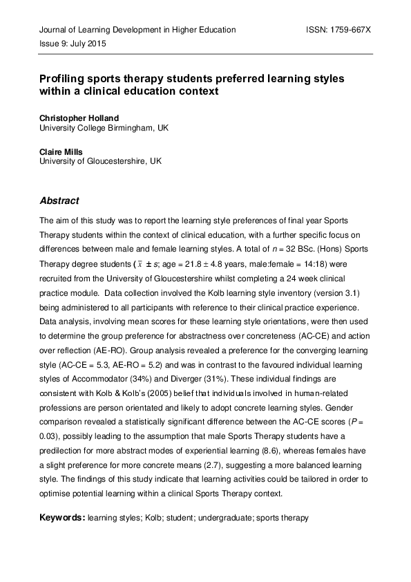 (PDF) Profiling sports therapy students' preferred learning styles ...