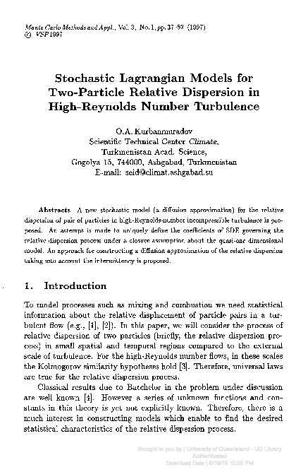 (PDF) Stochastic Lagrangian Models for Two-Particle Relative Dispersion in High-Reynolds Number ...