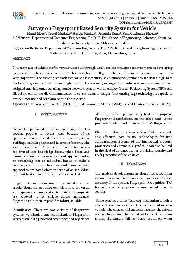 (PDF) Survey on Fingerprint Based Security System for Vehicle