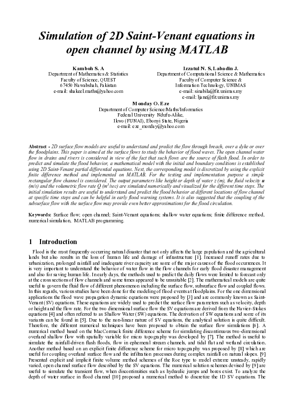 (PDF) Simulation of 2D Saint-Venant equations in open channel by using ...