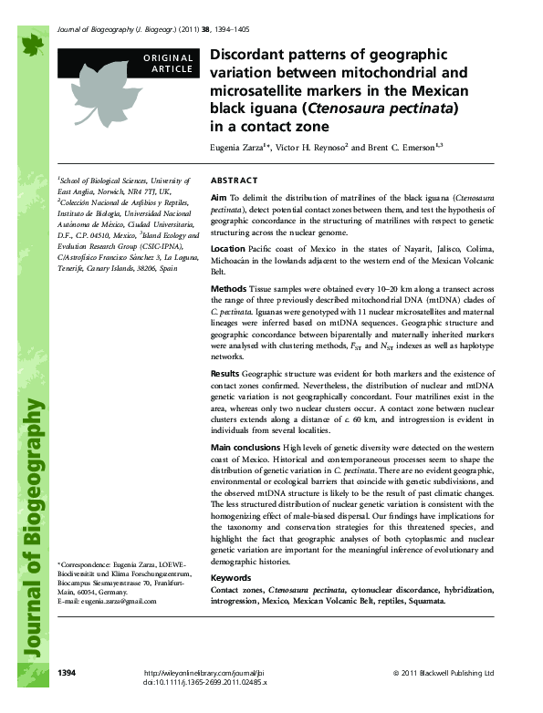 (PDF) Discordant patterns of geographic variation between mitochondrial ...
