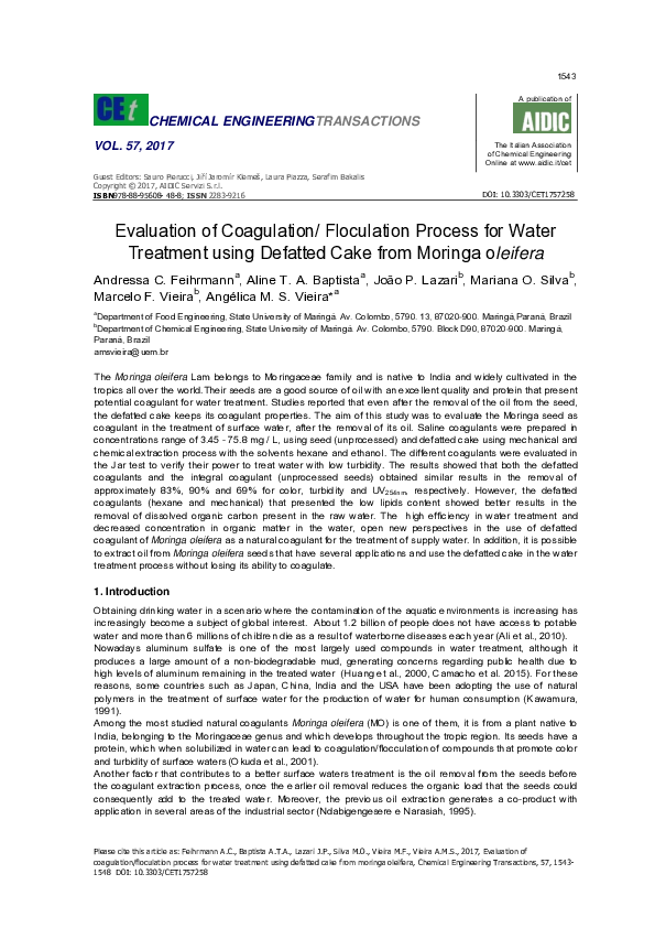 (PDF) Evaluation of Coagulation/floculation Process for Water Treatment Using Defatted Cake from ...
