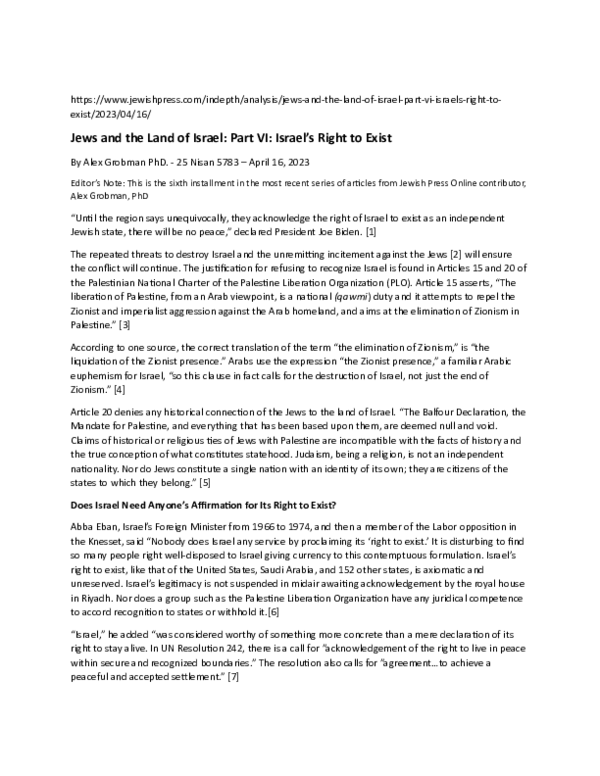 (DOC) Jews and the Land of Israel: Part VI: Israel's Right to Exist