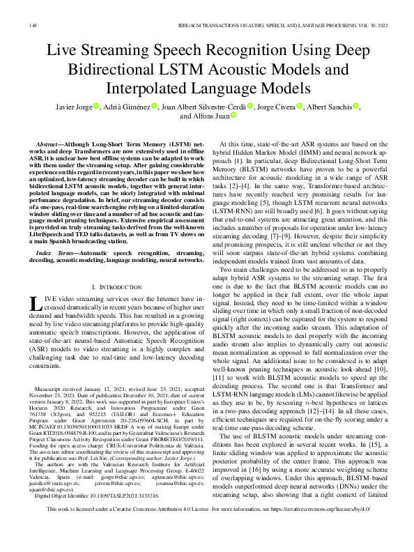(PDF) Live Streaming Speech Recognition Using Deep Bidirectional LSTM ...