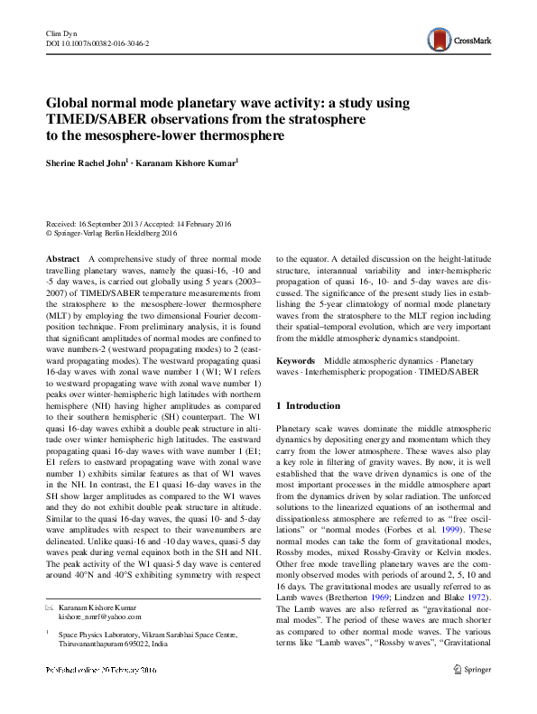 (PDF) Global normal mode planetary wave activity: a study using TIMED/SABER observations from ...