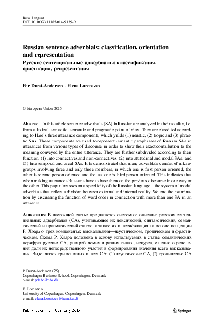 (PDF) Russian sentence adverbials: classification, orientation and representation