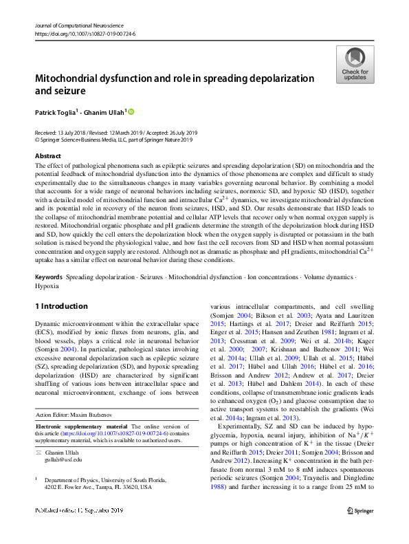 Pdf Mitochondrial Dysfunction And Role In Spreading Depolarization And Seizure
