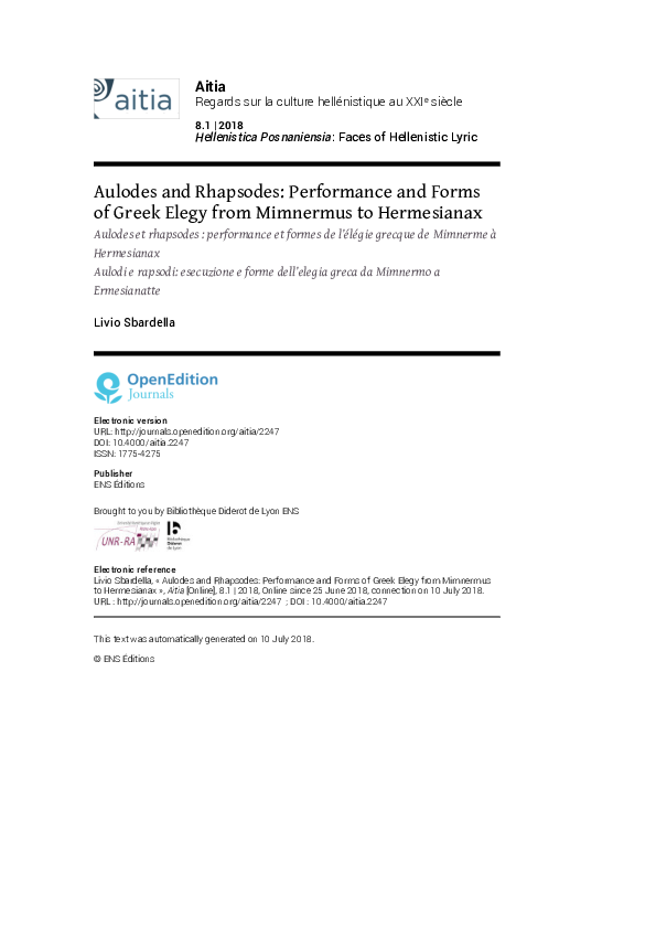 (PDF) Aulodes and Rhapsodes: Performance and Forms of Greek Elegy from ...