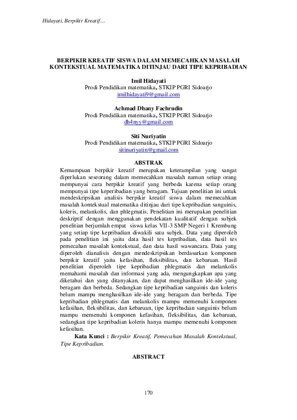 (PDF) Berpikir Kreatif Siswa Dalam Memecahkan Masalah Kontekstual Matematika Ditinjau Dari Tipe ...