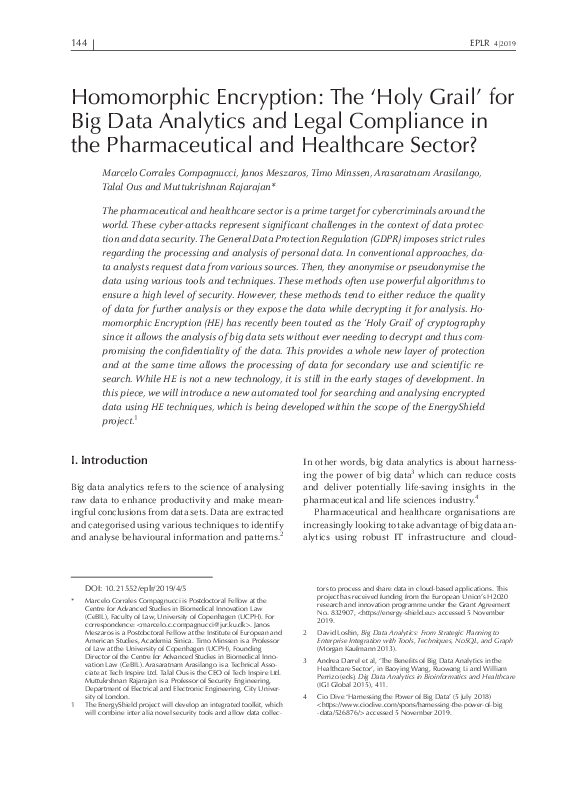 (PDF) Homomorphic Encryption: The ‘Holy Grail’ for Big Data Analytics & Legal Compliance in the ...