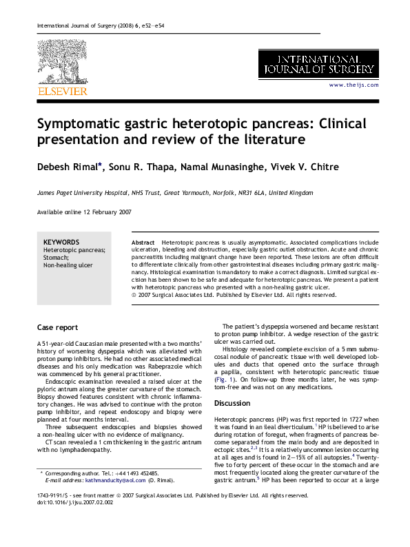 (PDF) Symptomatic gastric heterotopic pancreas: Clinical presentation and review of the literature