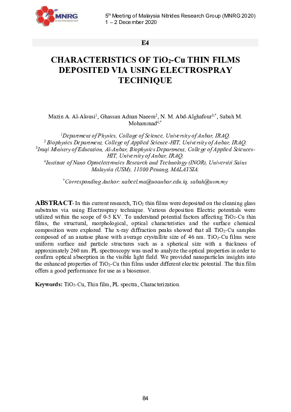 (PDF) Characteristics of TiO2-Cu thin films deposited using electrospray technique | Adnan Naeem ...