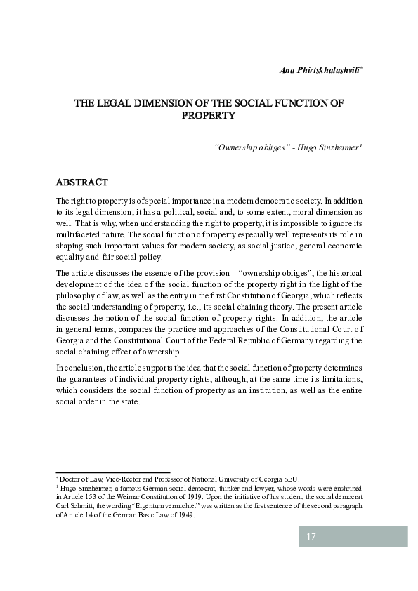 (PDF) THE LEGAL DIMENSION OF THE SOCIAL FUNCTION OF THE PROPERTY