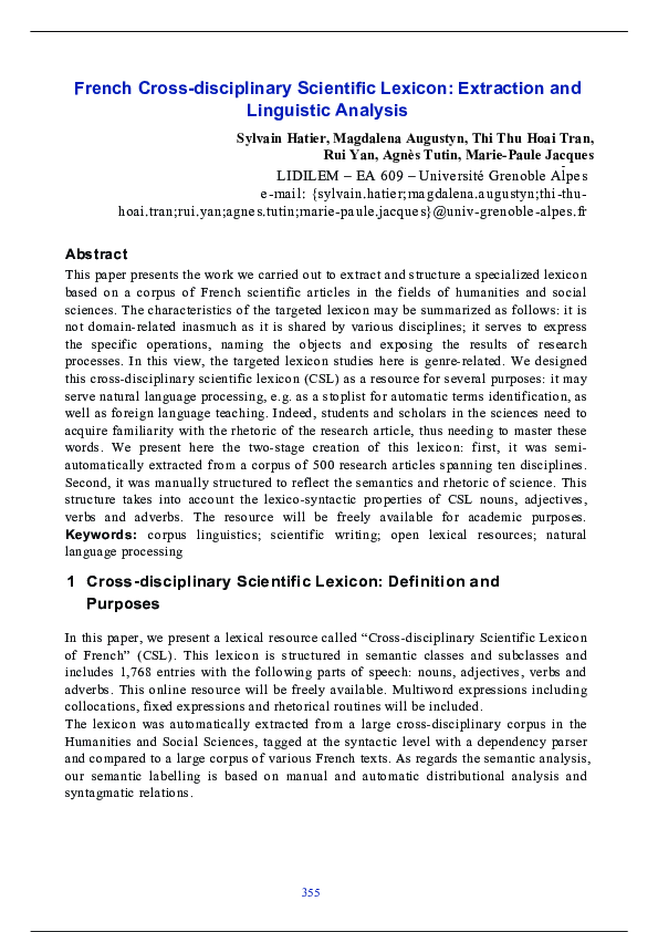 Pdf French Cross Disciplinary Scientific Lexicon Extraction And Linguistic Analysis