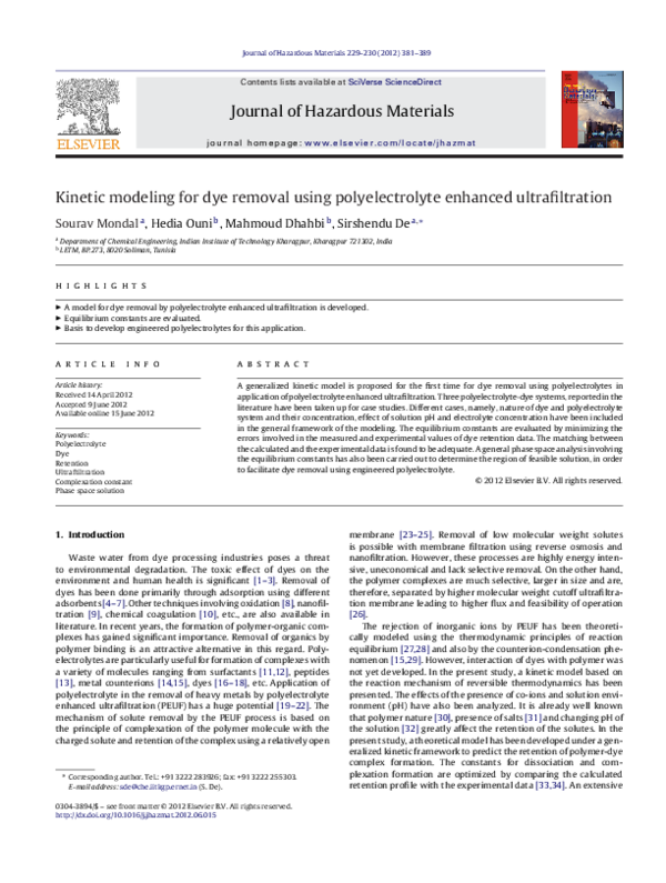 (PDF) Kinetic modeling for dye removal using polyelectrolyte enhanced ...