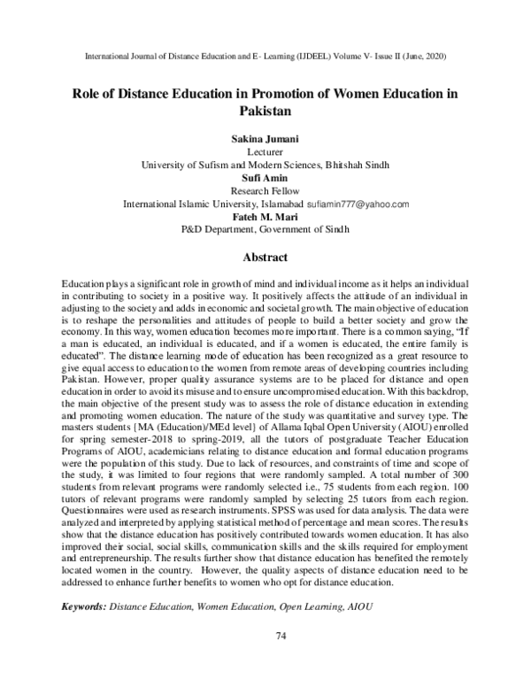 (PDF) Role of Distance Education in Promotion of Women Education in ...