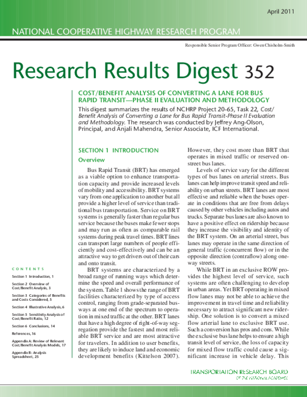 (PDF) Cost/Benefit Analysis of Converting a Lane for Bus Rapid Transit ...