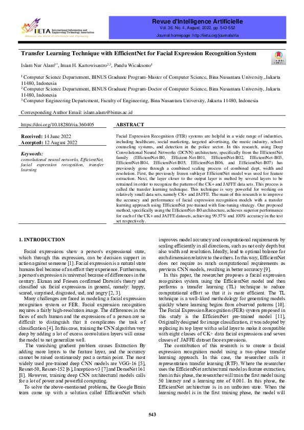 (PDF) Transfer Learning Technique with EfficientNet for Facial Expression Recognition System ...
