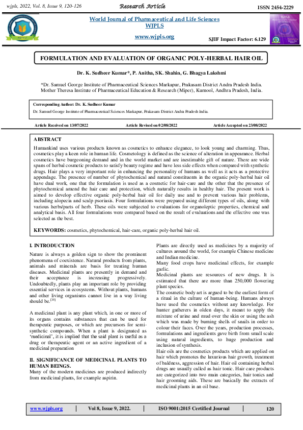 (PDF) FORMULATION AND EVALUATION OF ORGANIC POLY-HERBAL HAIR OIL