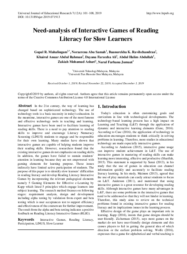 (PDF) Need-analysis of Interactive Games of Reading Literacy for Slow Learners | Gopal R ...