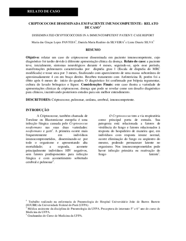 (PDF) Criptococose disseminada em paciente imunocompetente: relato de caso