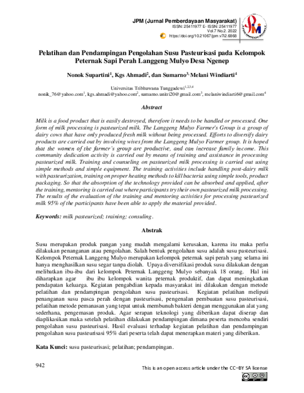 (PDF) Pelatihan dan Pendampingan Pengolahan Susu Pasteurisasi pada Kelompok Peternak Sapi Perah ...